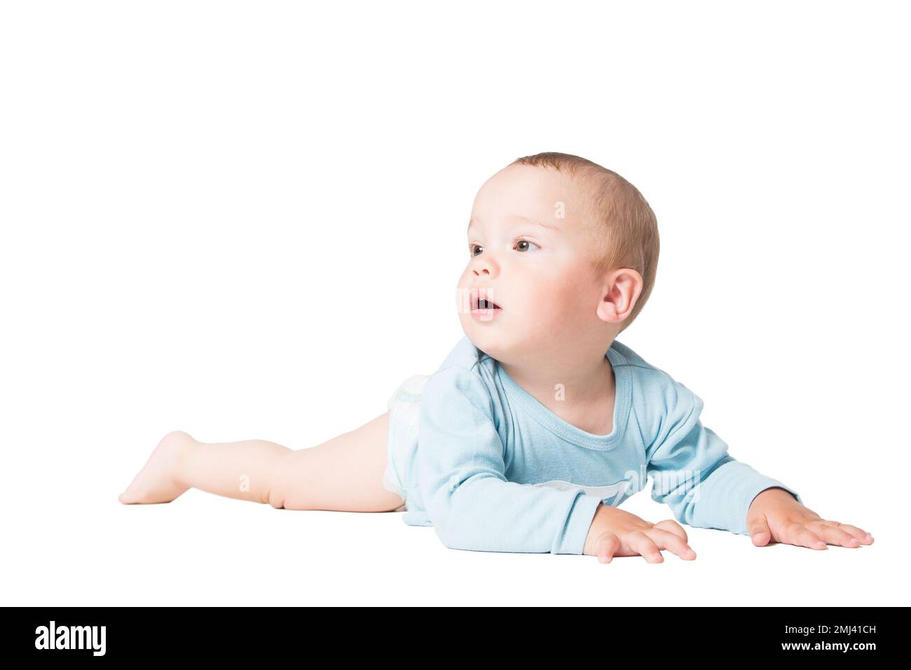 Small adorable one year old kid lying, isolated over white background ...