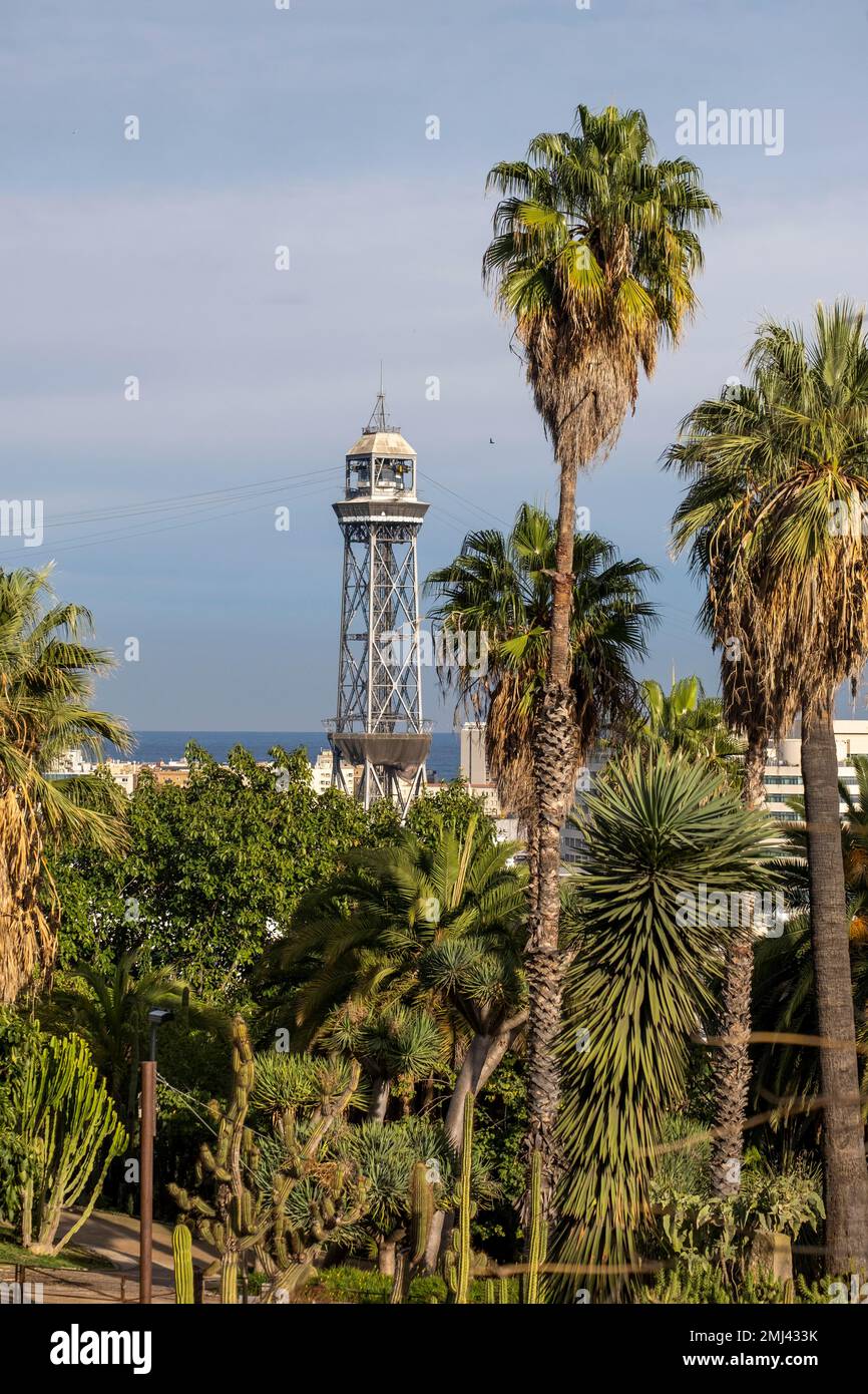 Montjuic botanical garden and the cable car towers of the port in the ...