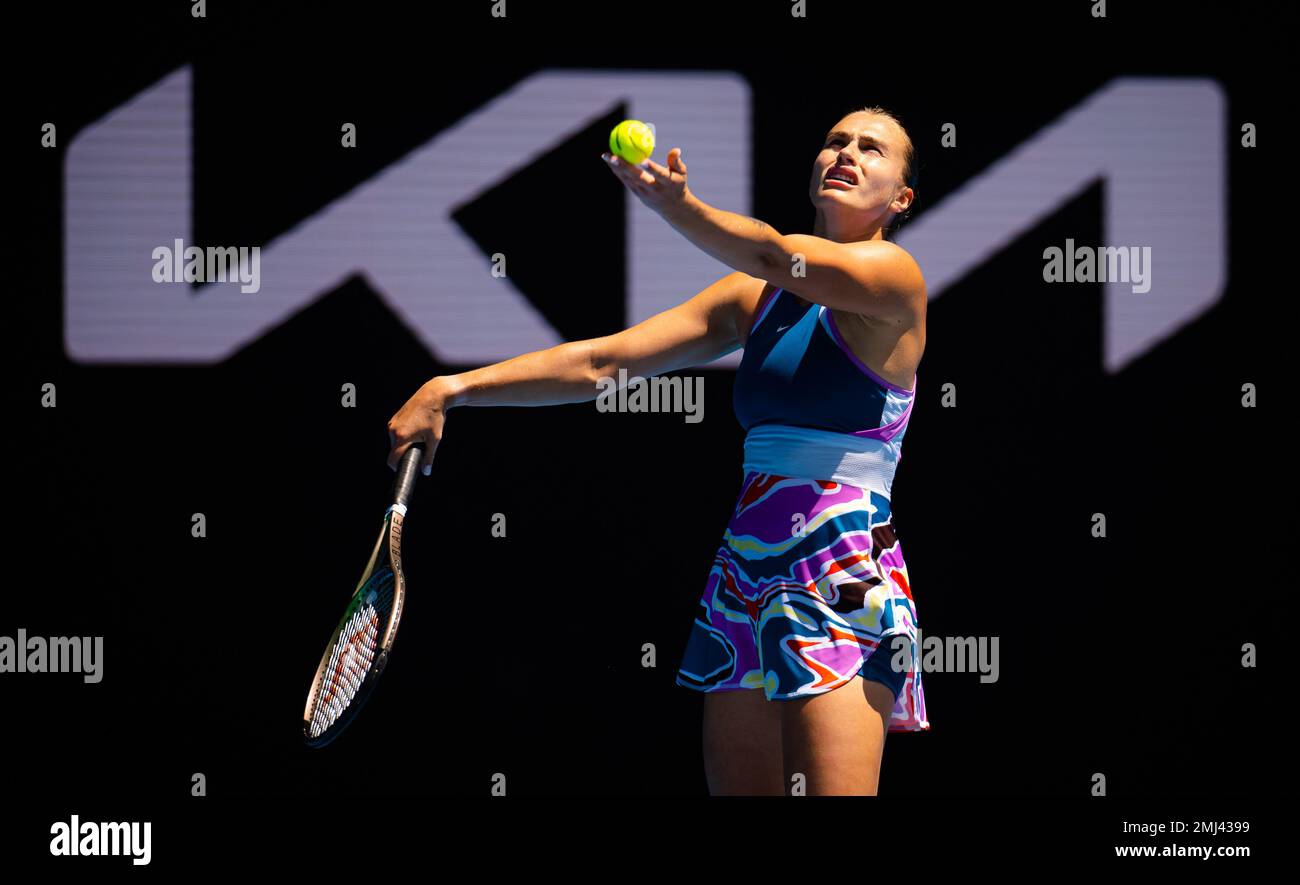 Aryna Sabalenka of Belarus in action against Donna Vekic of Croatia ...