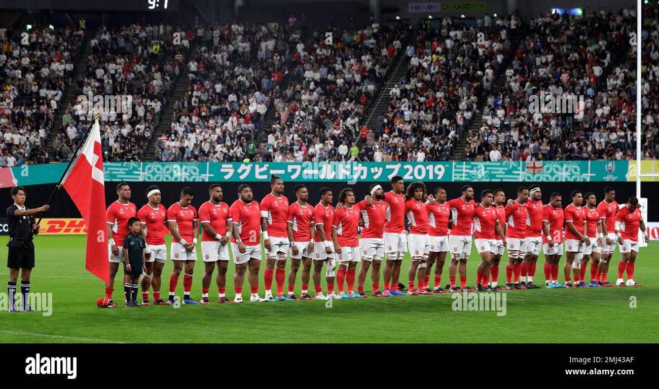 Tonga line up for their national anthem ahead of the Rugby World Cup ...