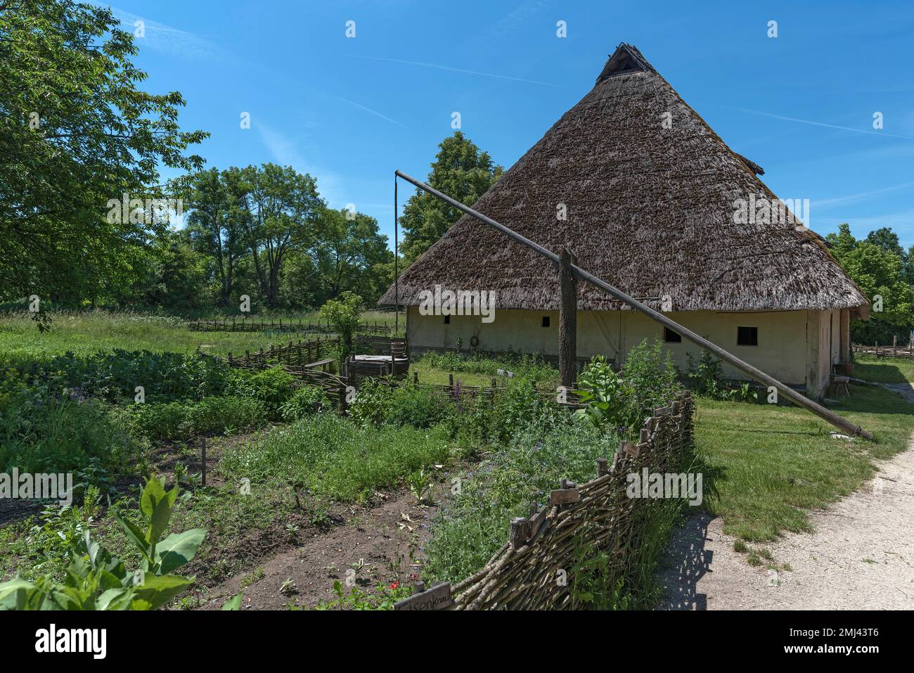 Farmhouse built around 1367, draw well in the farm garden, Franconian ...