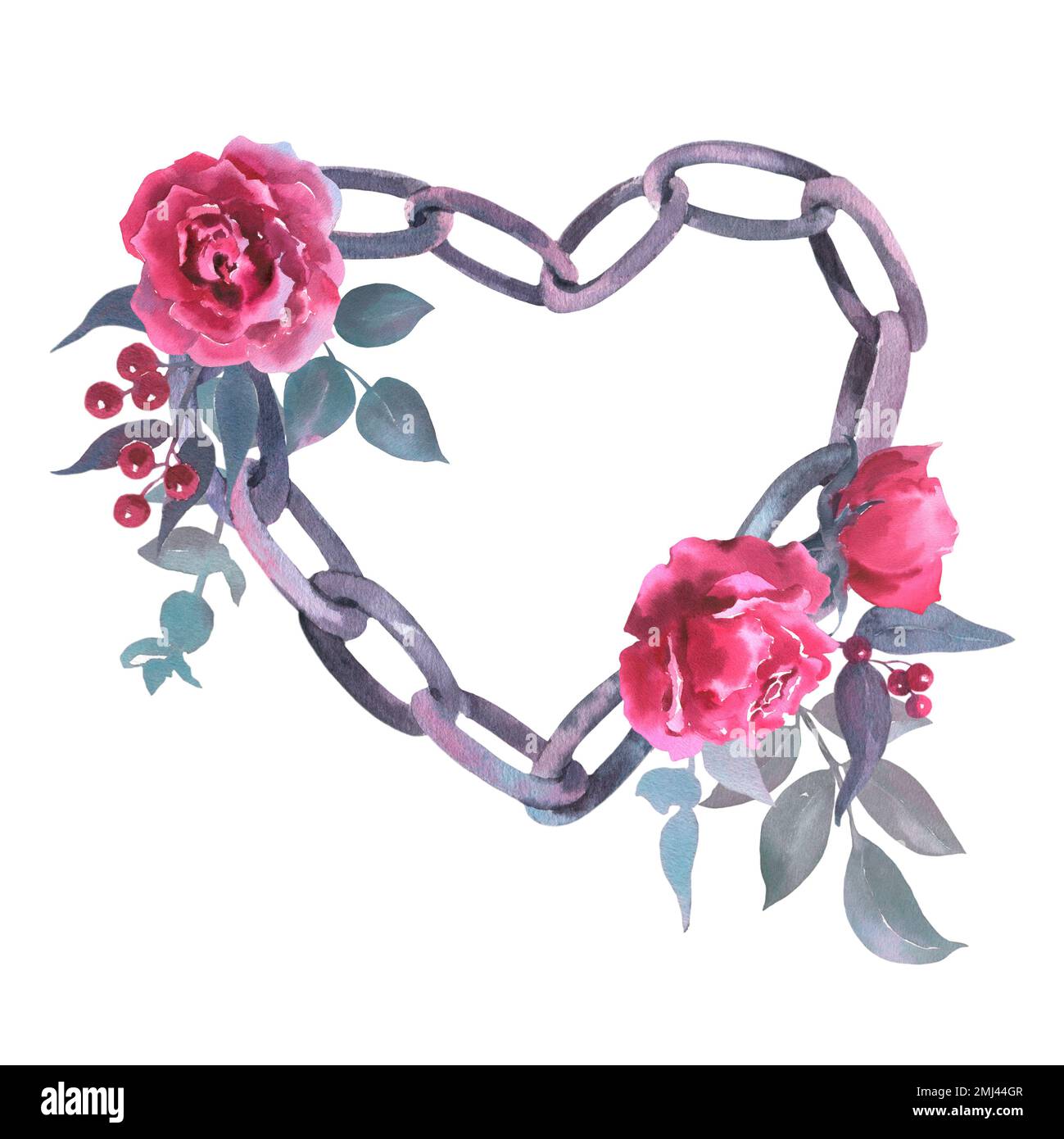 Watercolor illustration hand drawn grey heart shaped chain with flowers ...