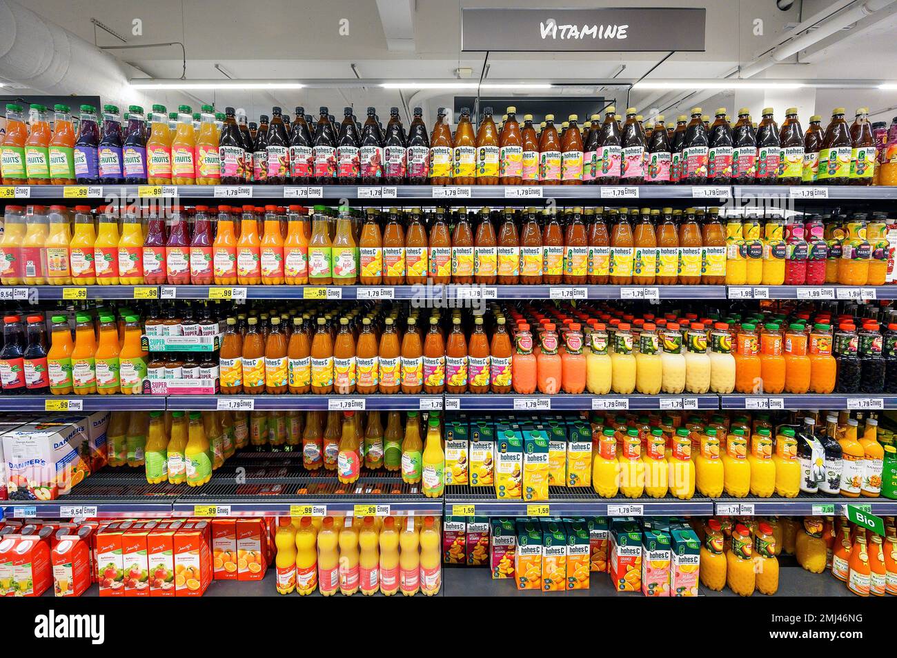 Shelves with fruit juices and drinks in the wholesale market, Bavaria ...
