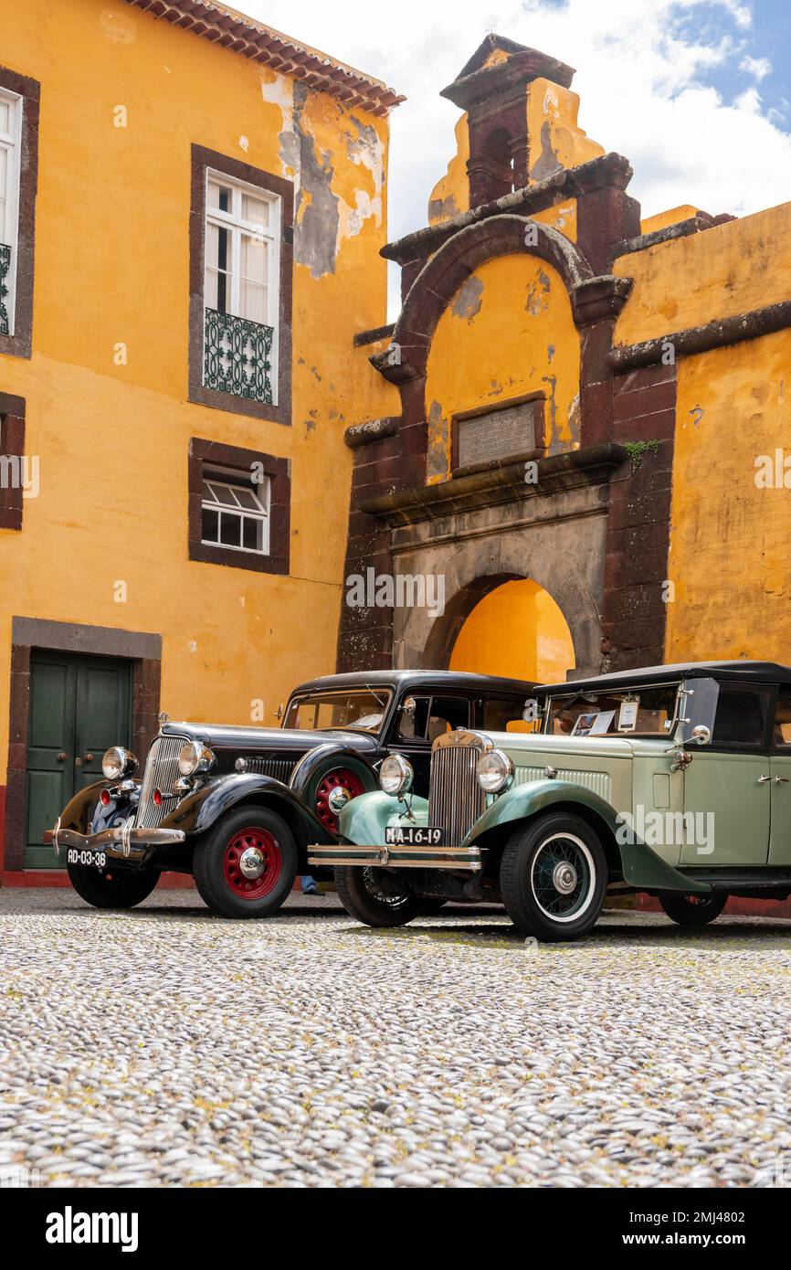 Old Town, Oldtimer in front of Sao Tiago Fortress, Funchal, Madeira ...