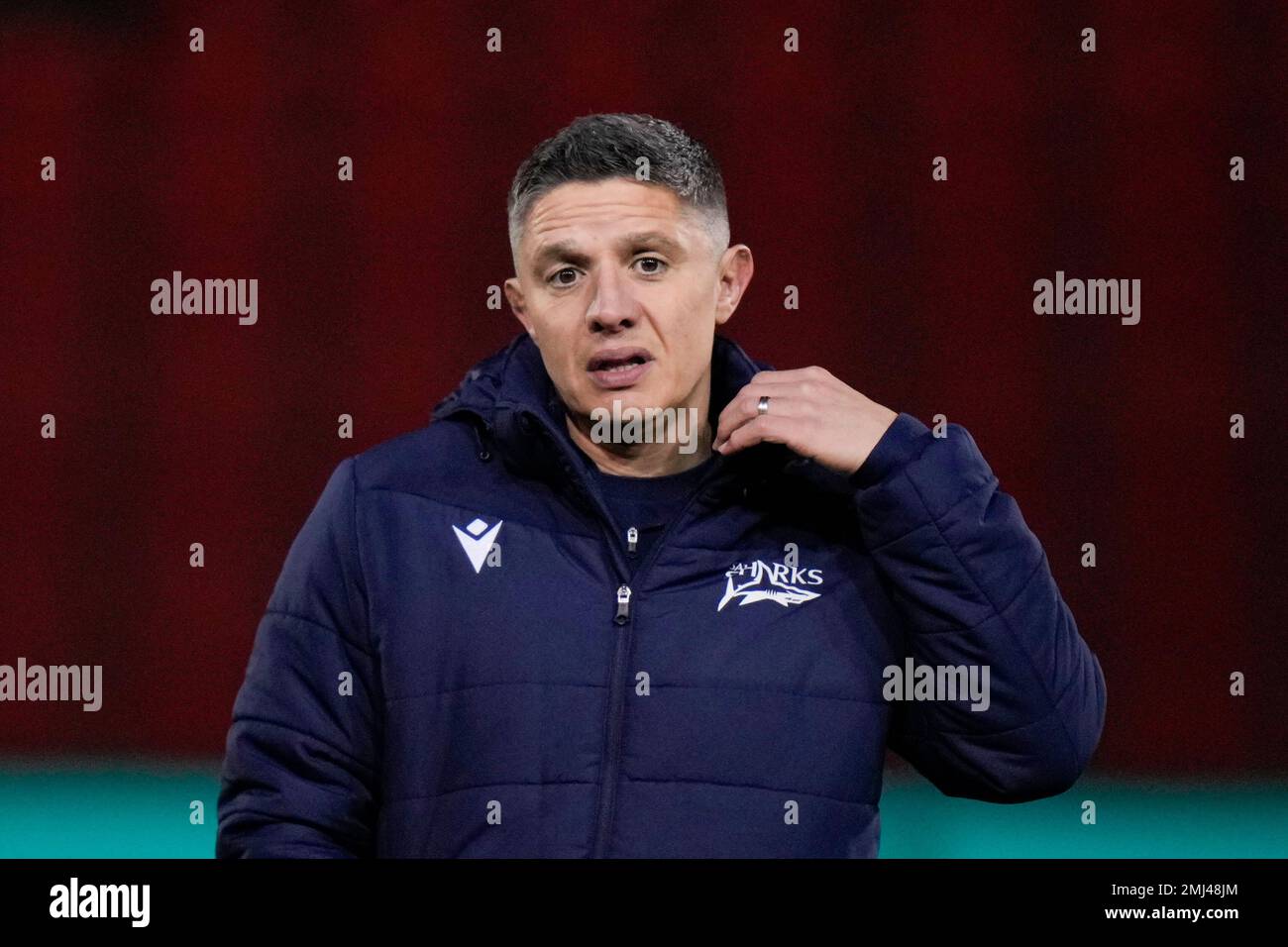 Sale Sharks coach Paul Deacon inspects the pitch before the Gallagher ...
