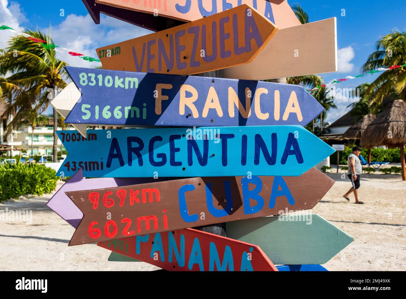 Signposts to destinations abroad, Playa del Carmen, Quintana Roo ...
