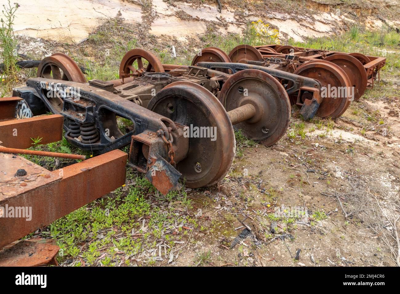 Photograph of old and rusty out of service train carriage bogies that ...