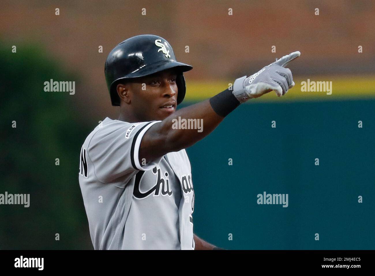 Chicago White Sox's Tim Anderson points to the dugout after hitting a ...