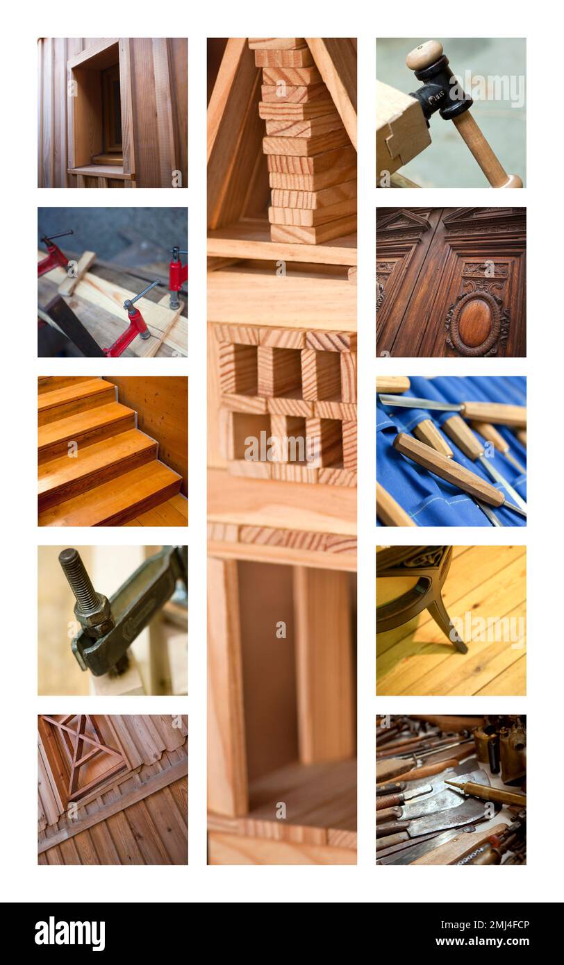 Collage about the wood of carpentry and cabinetmaking Stock Photo - Alamy