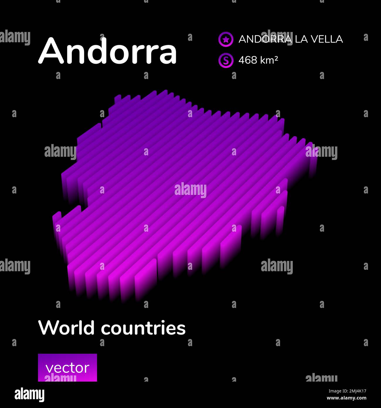 Stylized neon digital isometric striped vector Andorra map with 3d ...