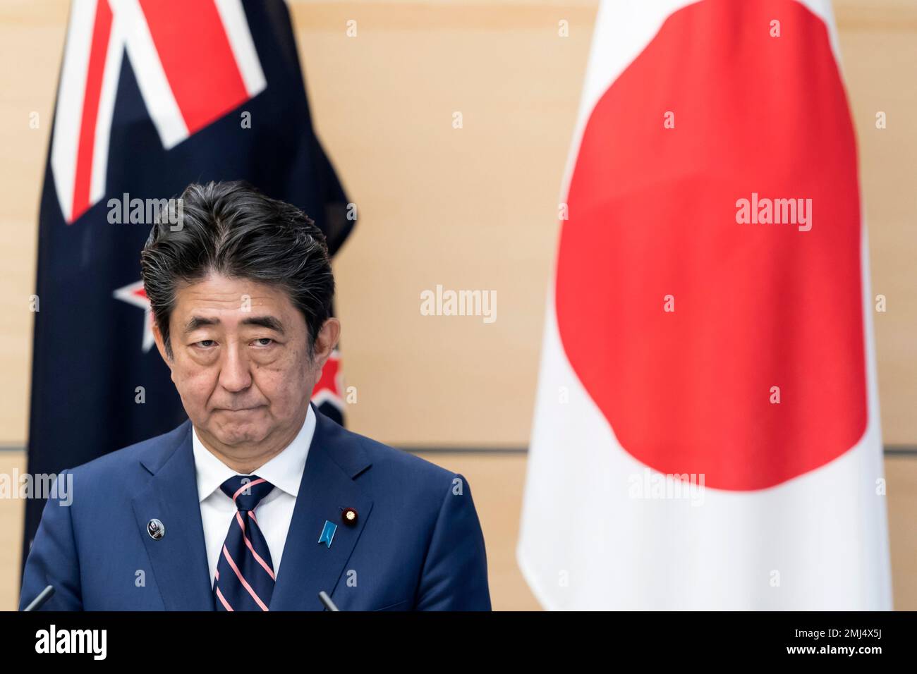Japan's Prime Minister Shinzo Abe attends a joint press conference with New Zealand's Prime ...