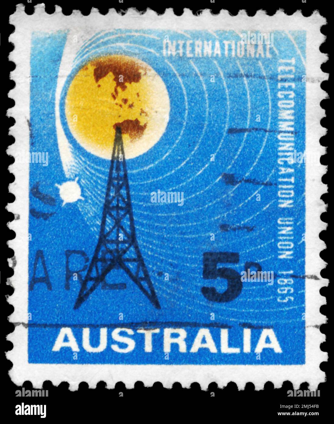AUSTRALIA - CIRCA 1965: A Stamp printed in AUSTRALIA shows the Radio Mast and Satellite Orbiting ...