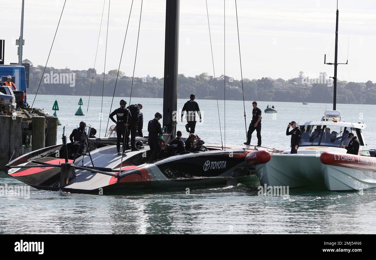 New Zealand's America's Cup AC75 boat and crew leave their base at ...