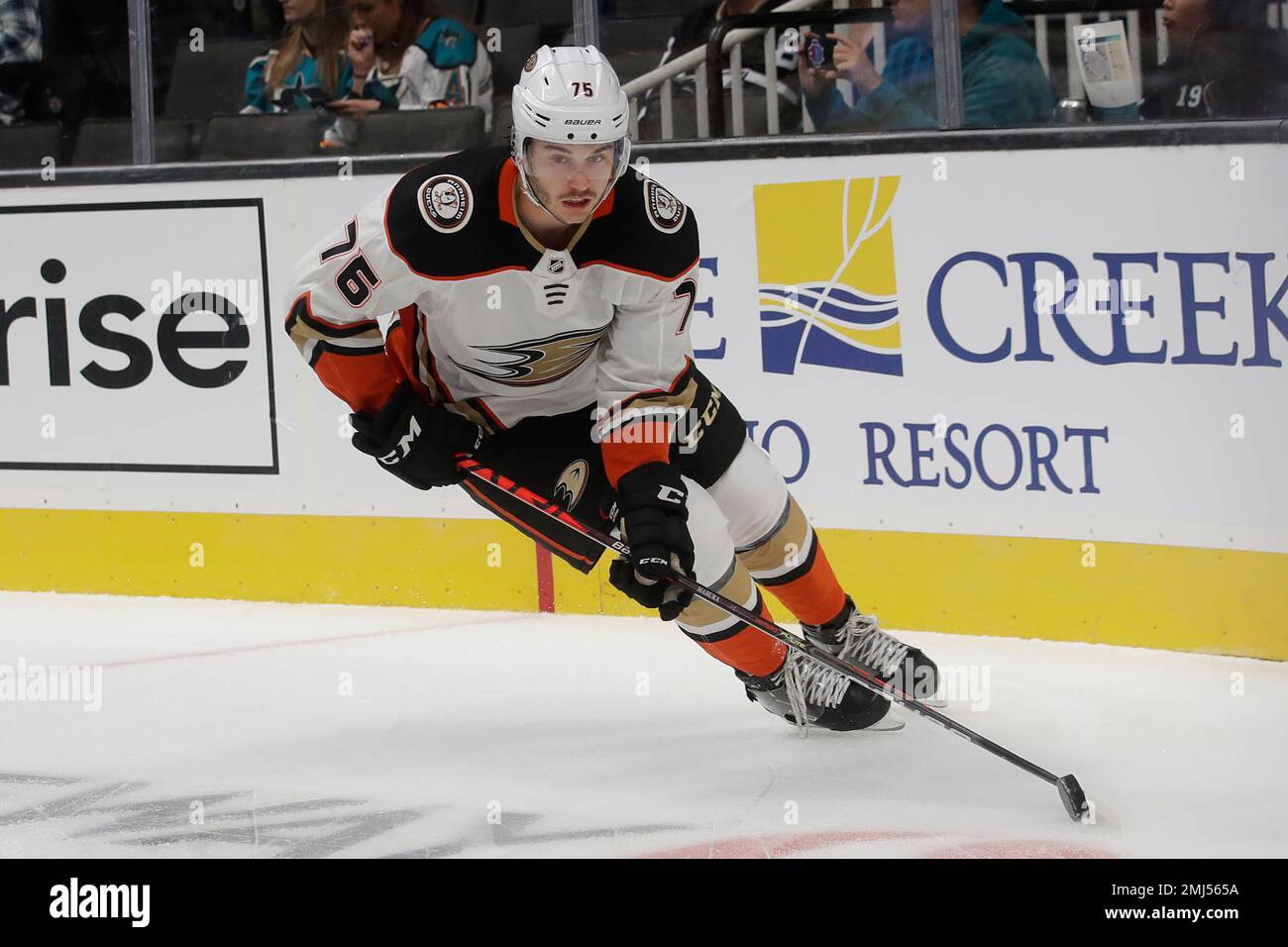 Anaheim Ducks defenseman Josh Mahura (76) skates with the puck during ...