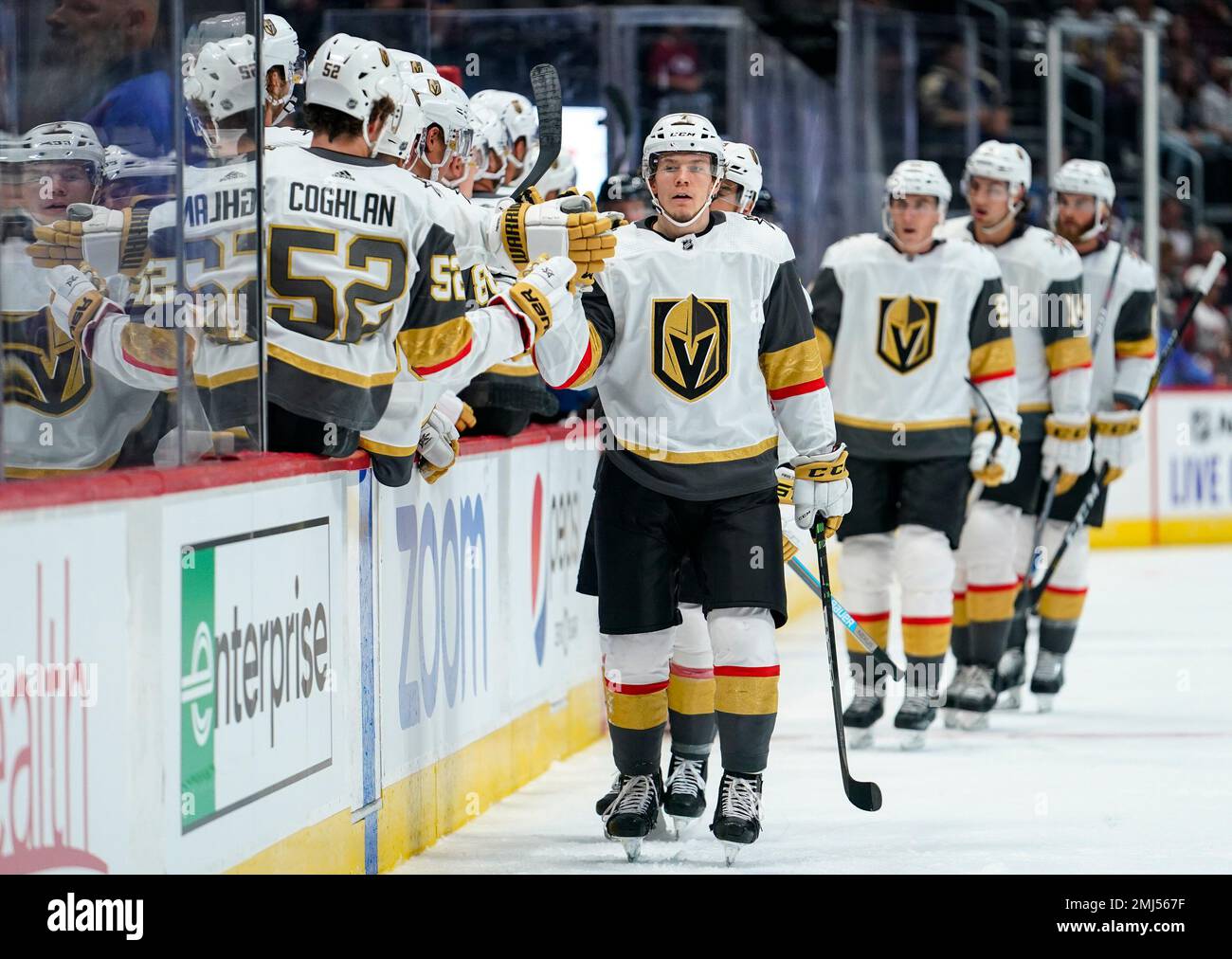 Vegas Golden Knights left wing Valentin Zykov (7) celebrates a goal ...