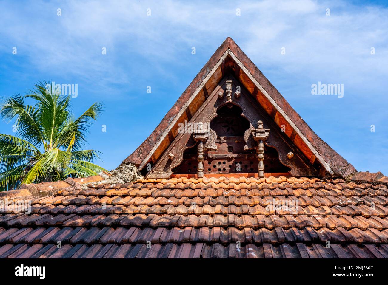 Carving wood gable roof on a resort hotel in India, Alappuzha, Kerala ...