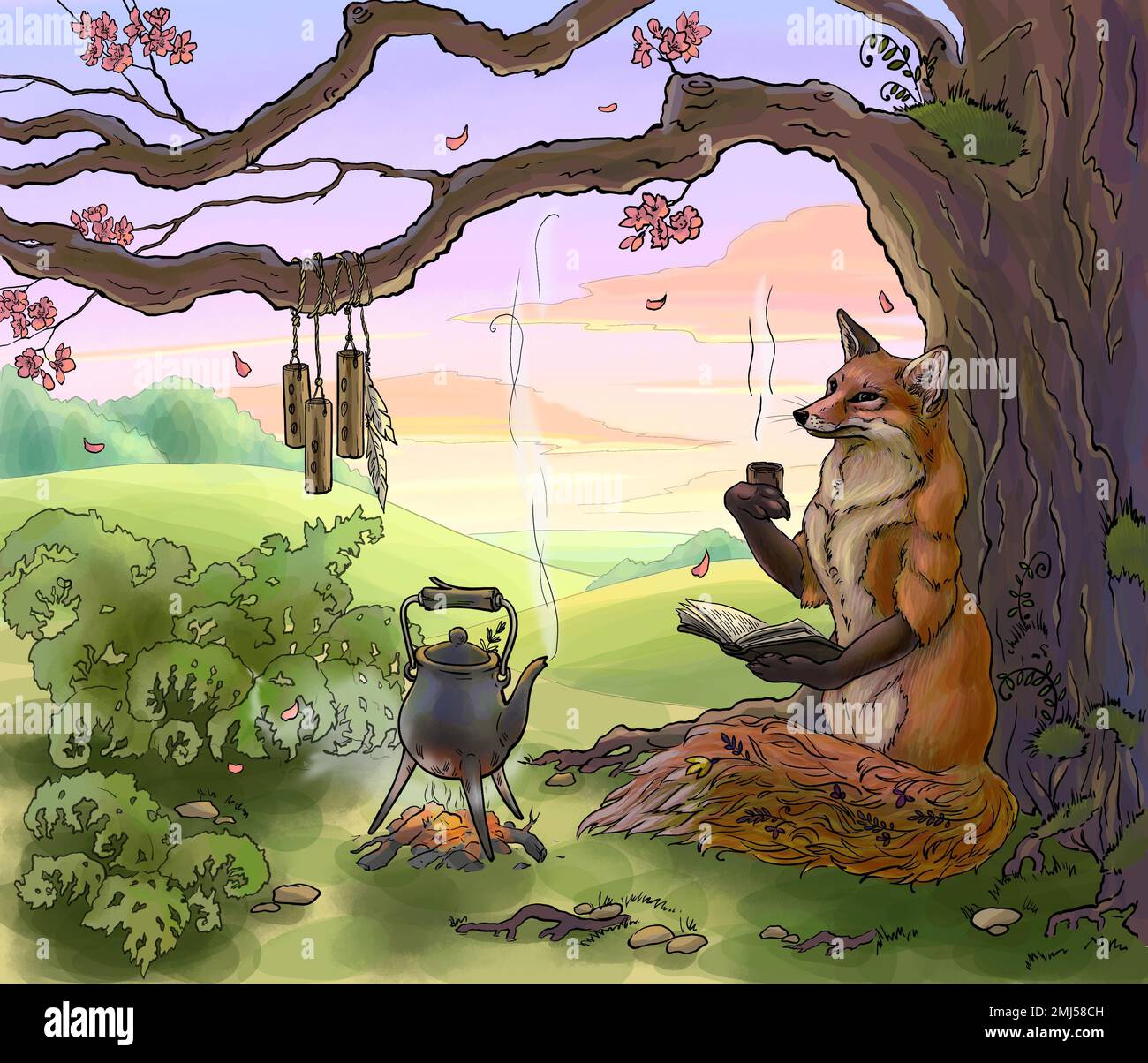 Illustration of a fox drinking tea under a tree near a campfire Stock ...