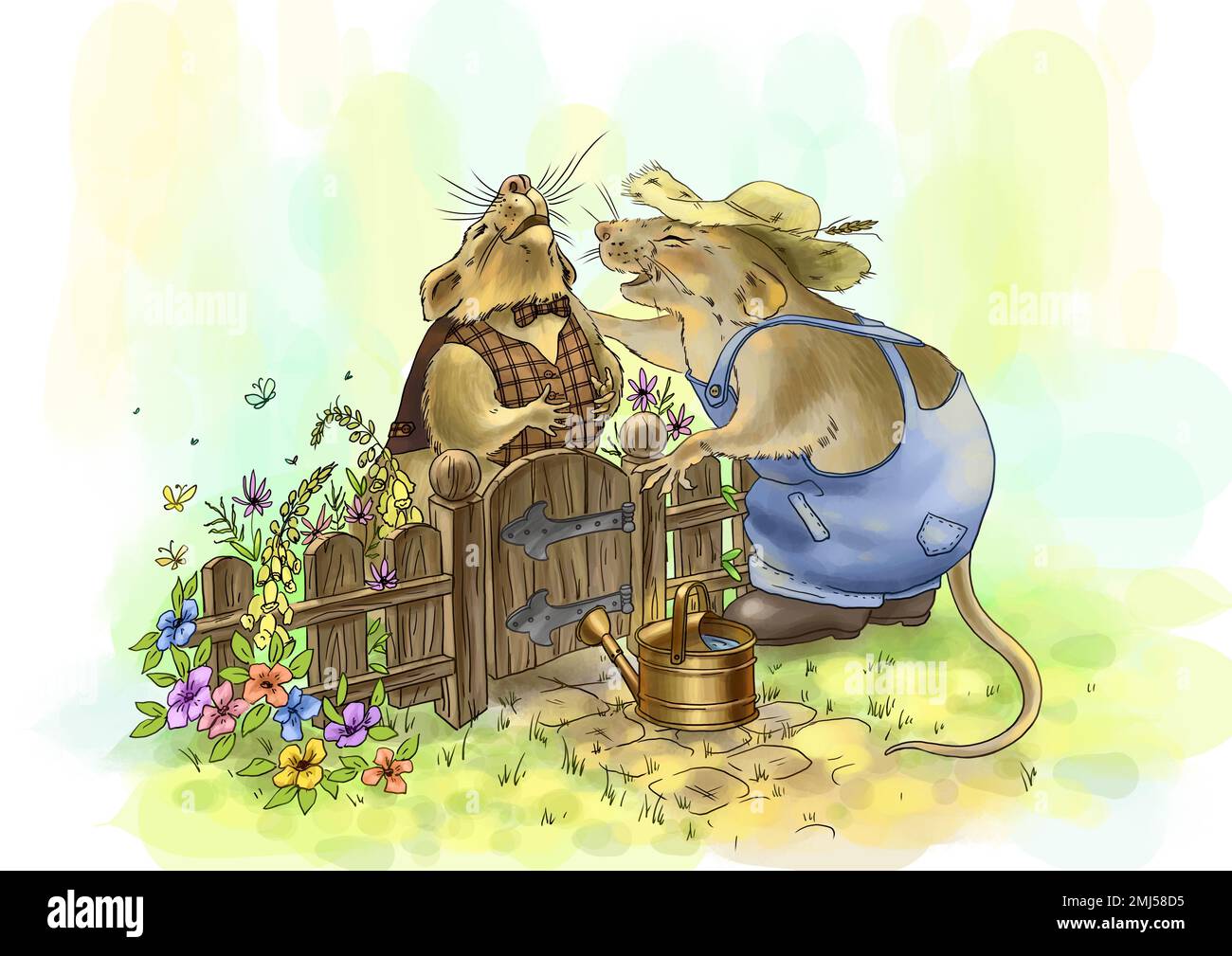 Illustration Cheerful mouse neighbors in the village. humorous picture ...
