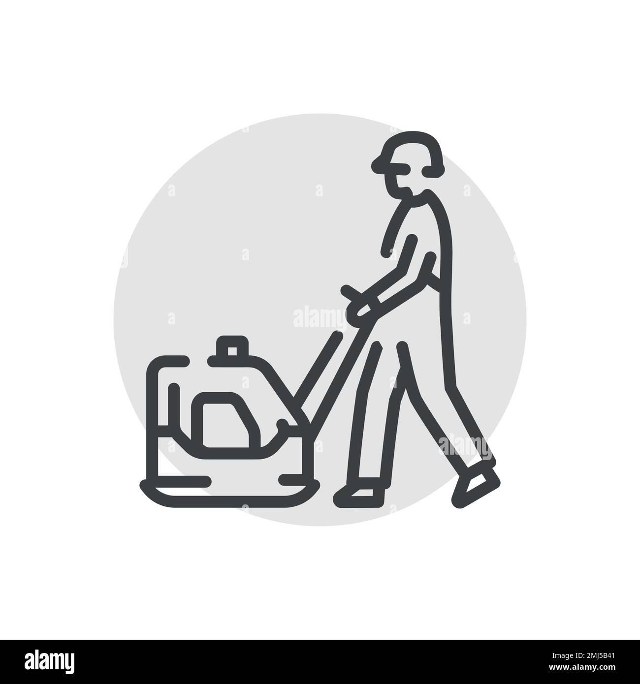 Worker with vibrating plate сolor line icon. Road construction ...