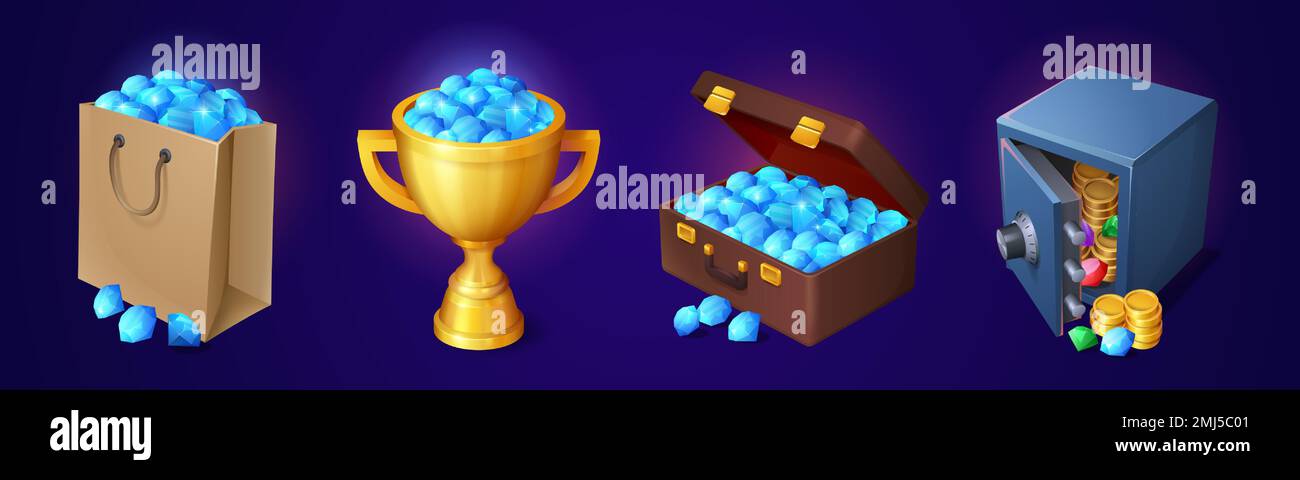 Piles of blue gemstones in bag, golden cup, deposit box and suitcase ...