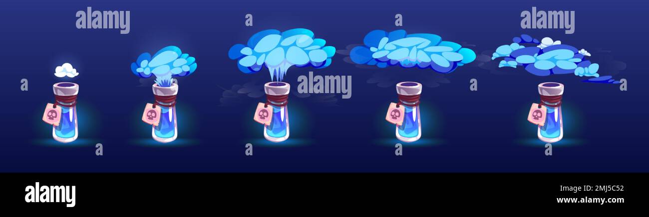 Bottle with blue magic potion and smoke for game animation. Sprite ...