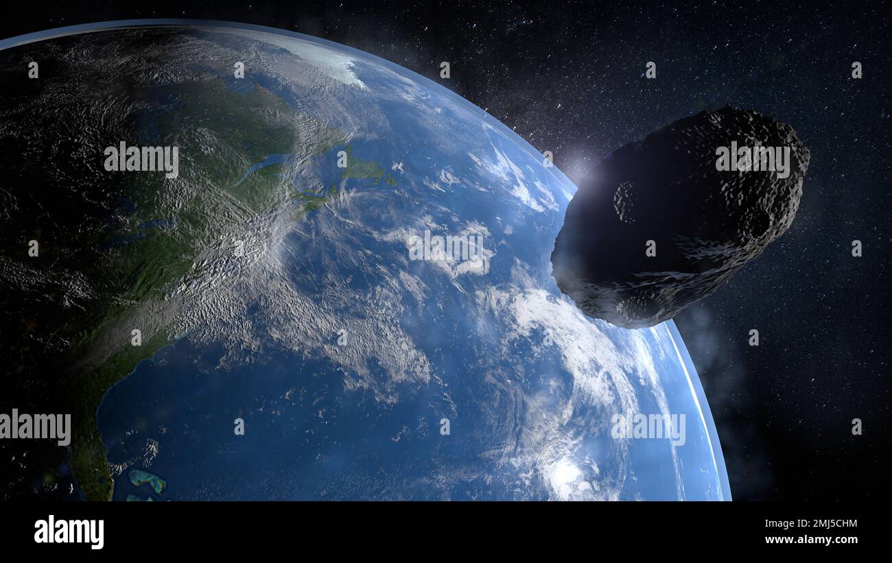 Small rock asteroid passing very close to planet Earth. 3D Illustration Stock Photo - Alamy
