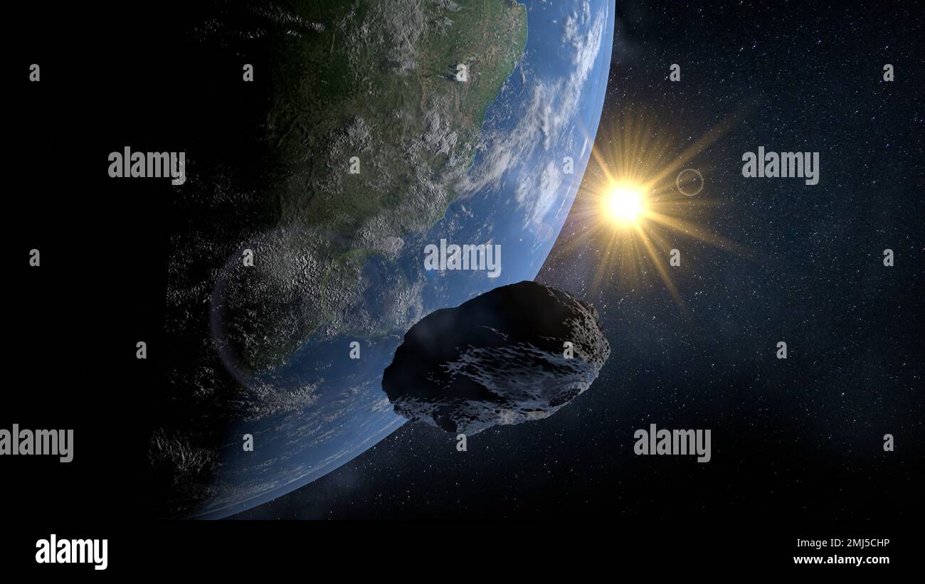 Small rock asteroid passing very close to planet Earth with the sun ...