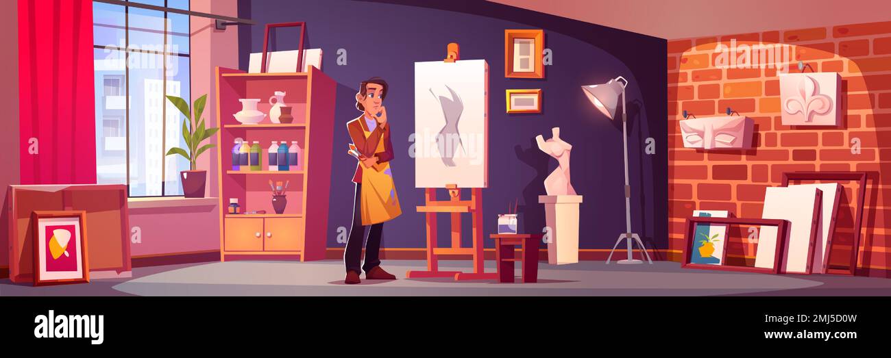Male artist working in art studio. Vector cartoon illustration of ...