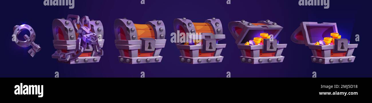 Treasure chest open with gold coins, locked with chain and padlock and ...