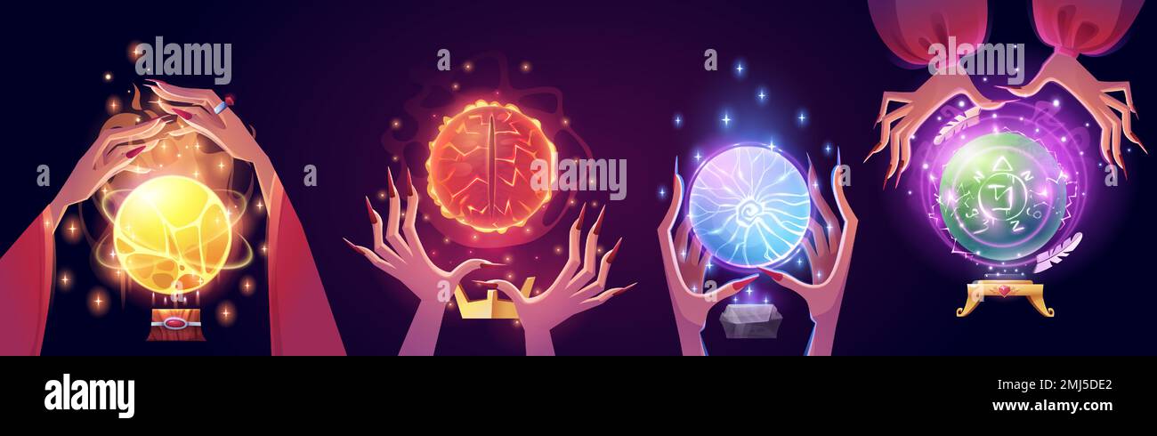 Cartoon set of witch hands with magic ball on dark background. Vector ...