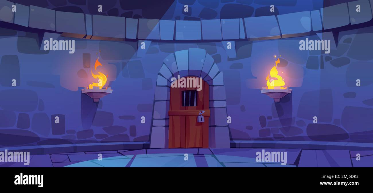 Castle dungeon with old wooden door. Vector cartoon illustration of ...
