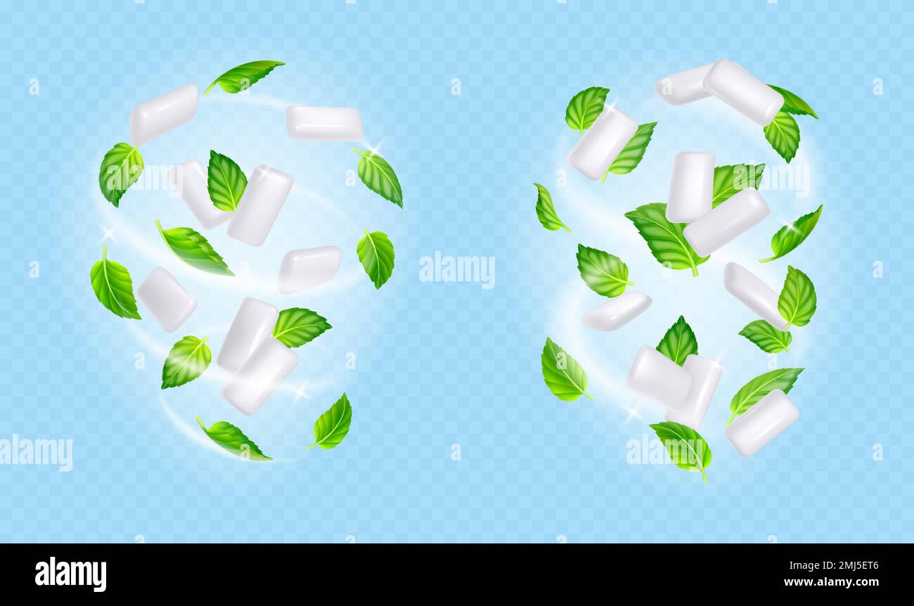 Swirls of chewing gums and mint leaves flying on wind. Concept of fresh ...