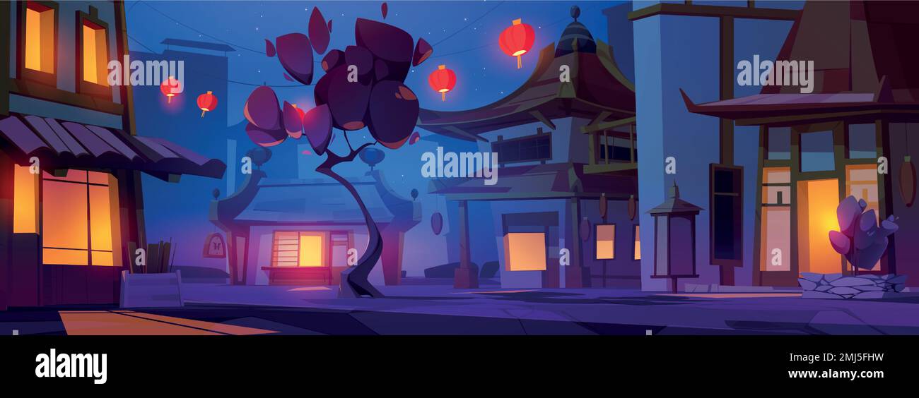 Chinese street at night. Vector cartoon illustration of small Asian ...