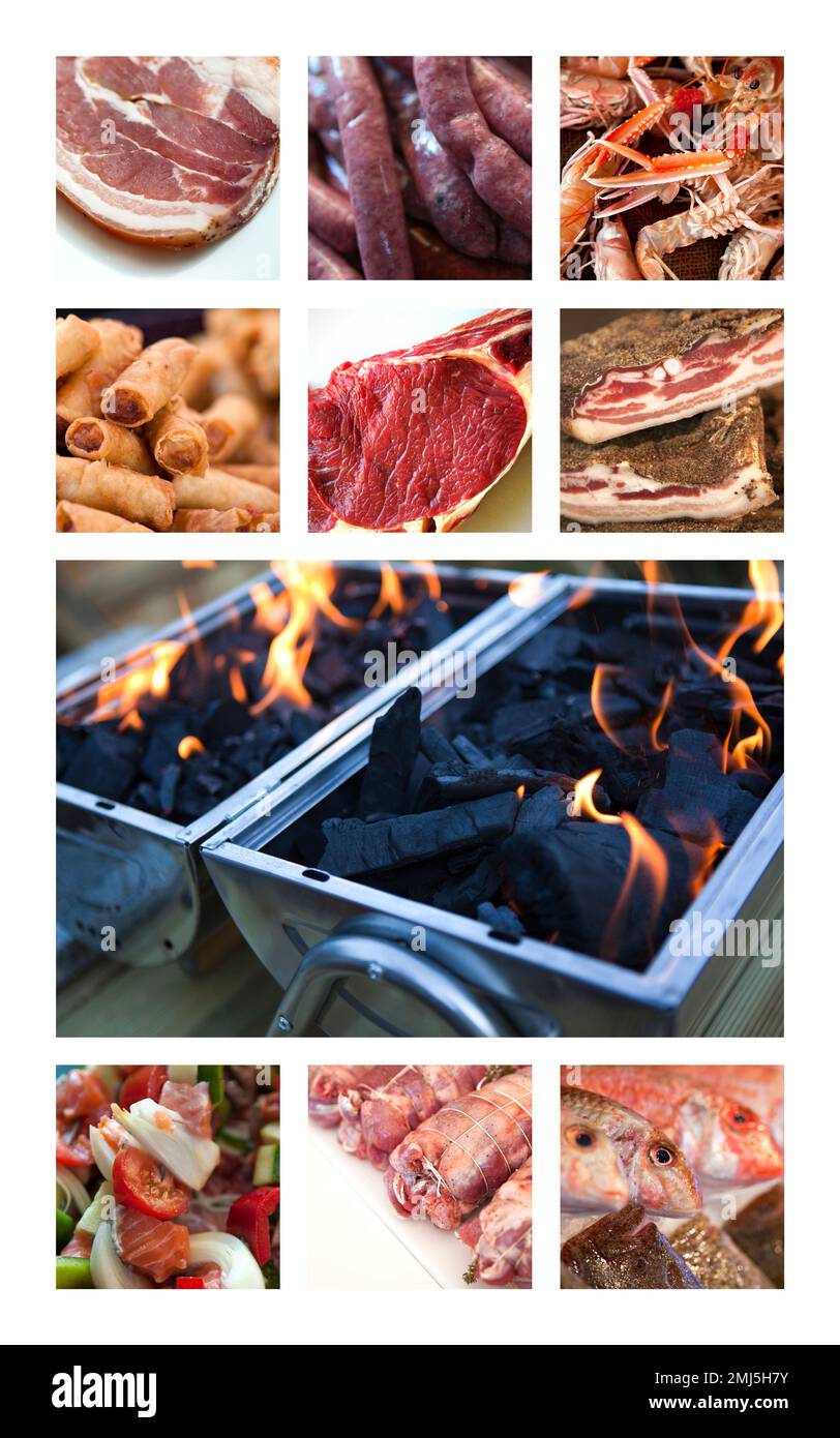 Fishes and meat on a barbecue collage Stock Photo - Alamy