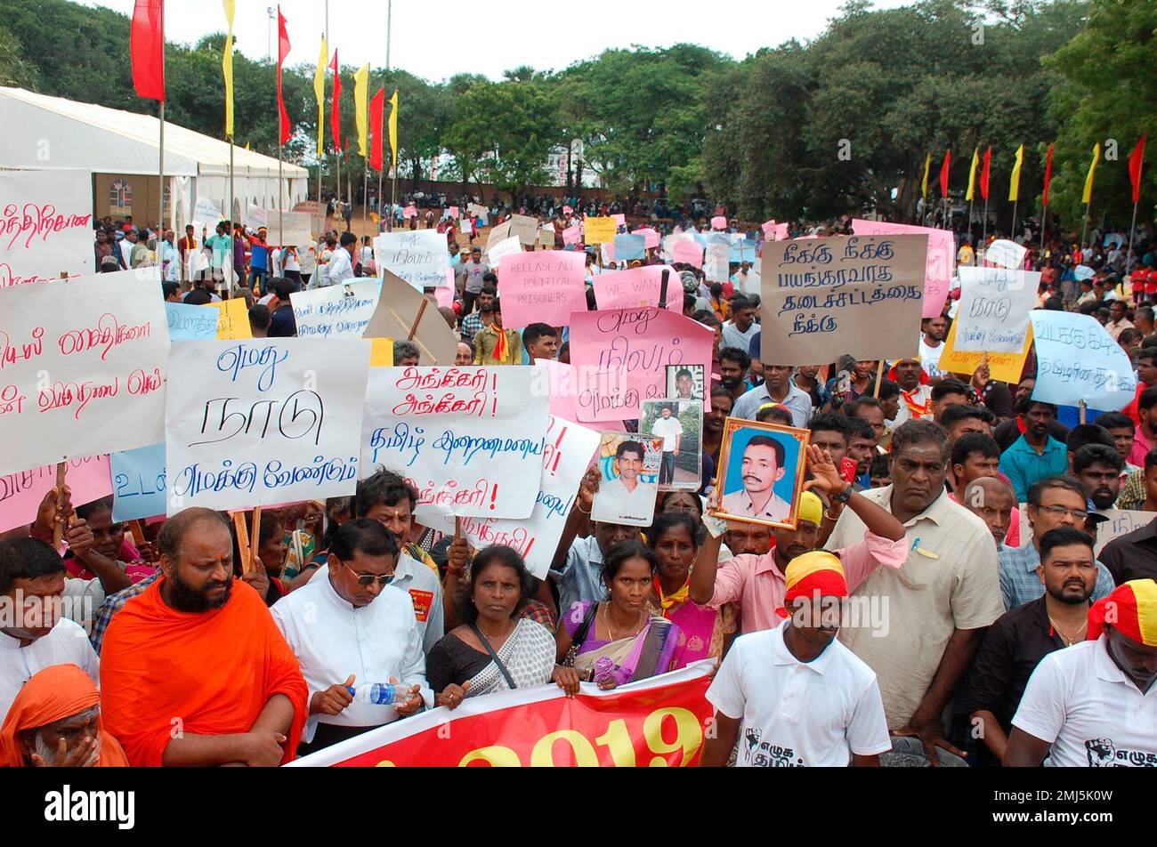 Sri Lankan ethnic Tamils hold placards during a public rally in ...