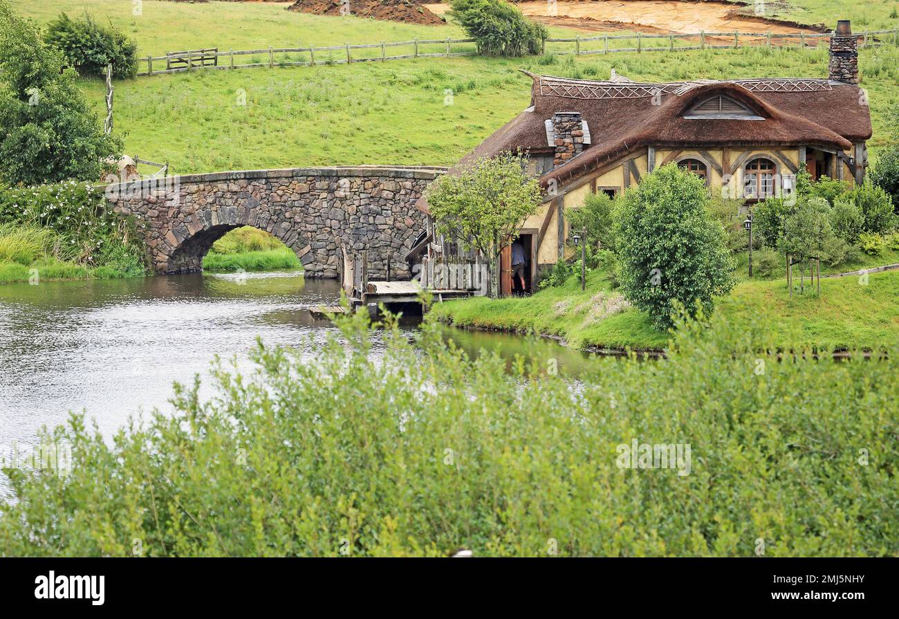 Stony bridge and mill house - Hobbiton - Matamata, New Zealand Stock ...