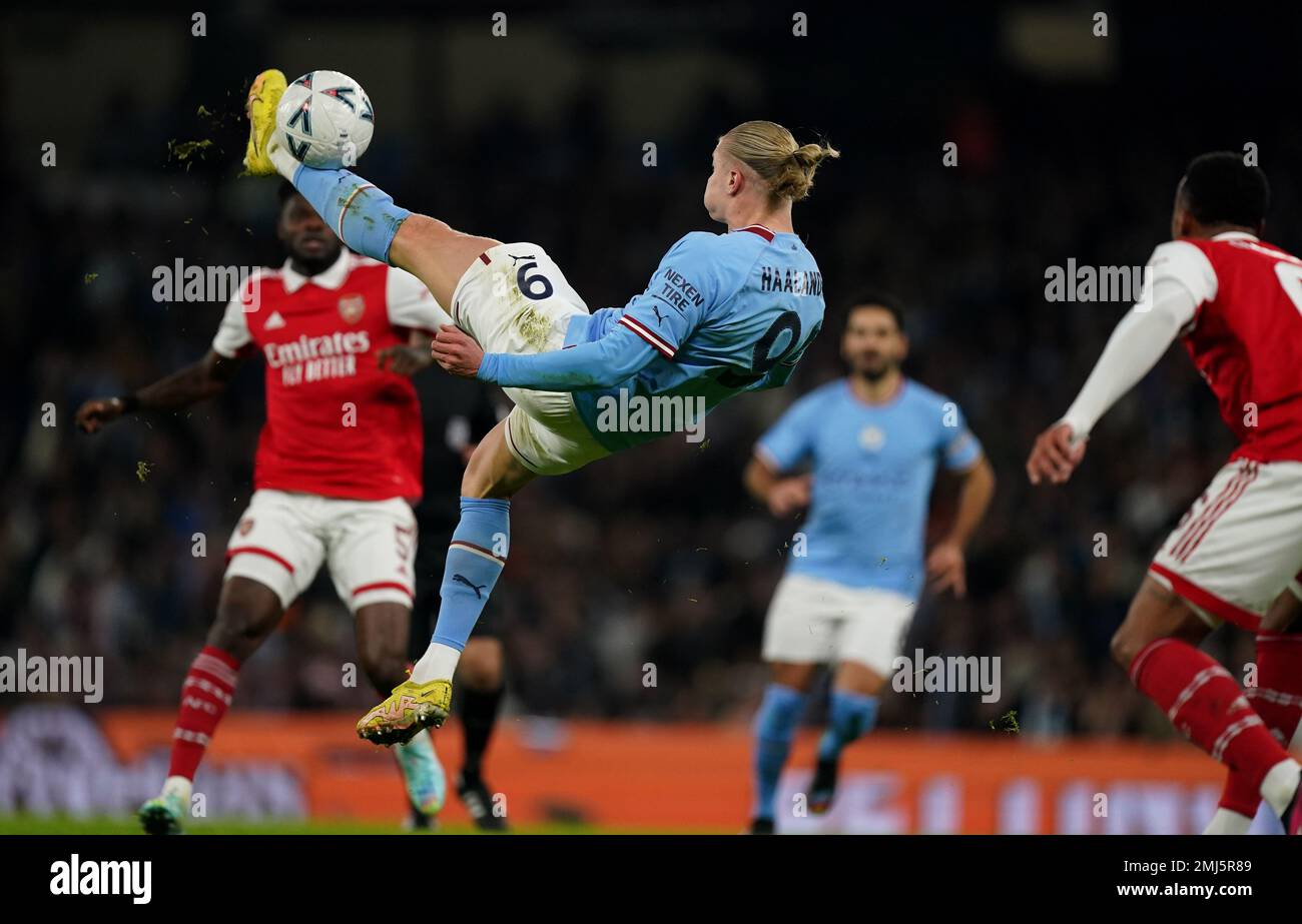 Manchester City's Erling Haaland attempts an overhead kick during the ...