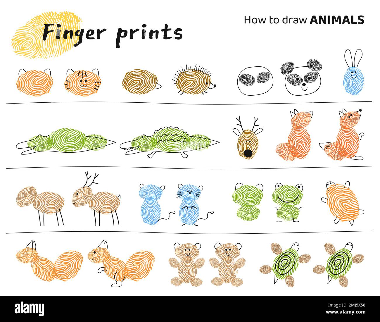 Finger prints art. Task for kids how to make different Animals Stock ...