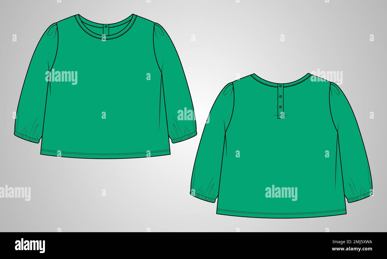 Kids Dress design technical flat sketch vector template. Round neck ...