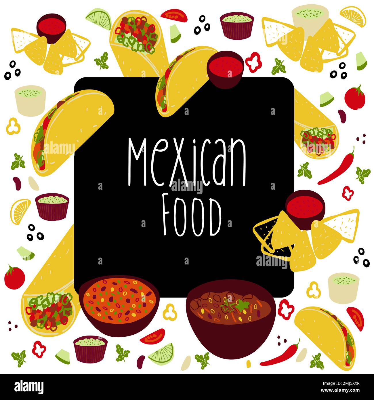 Frame background with illustertion Mexican food Tacos, Burrito, Chili ...
