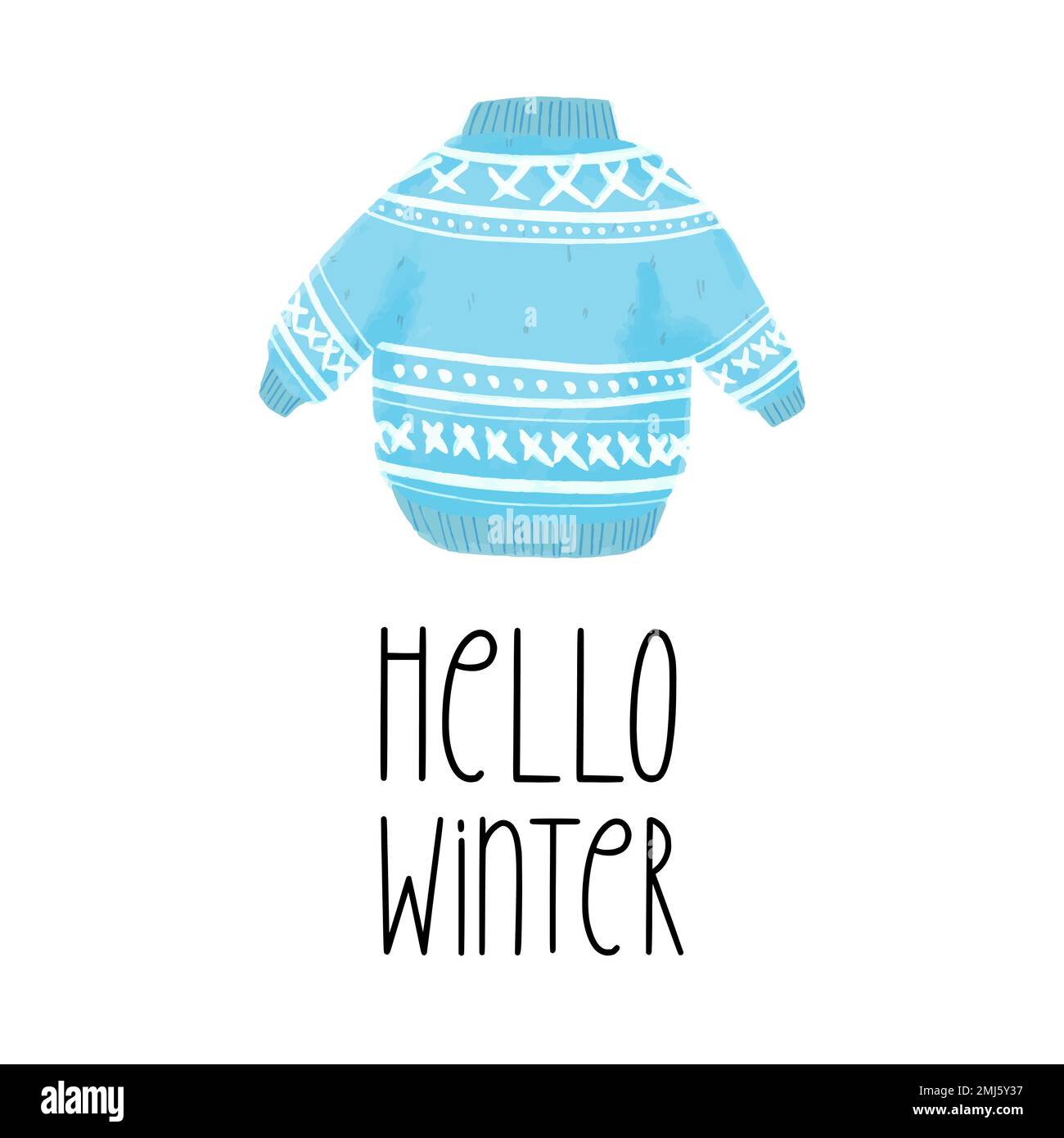 Hello winter text with blue sweater illustration isolated on white ...