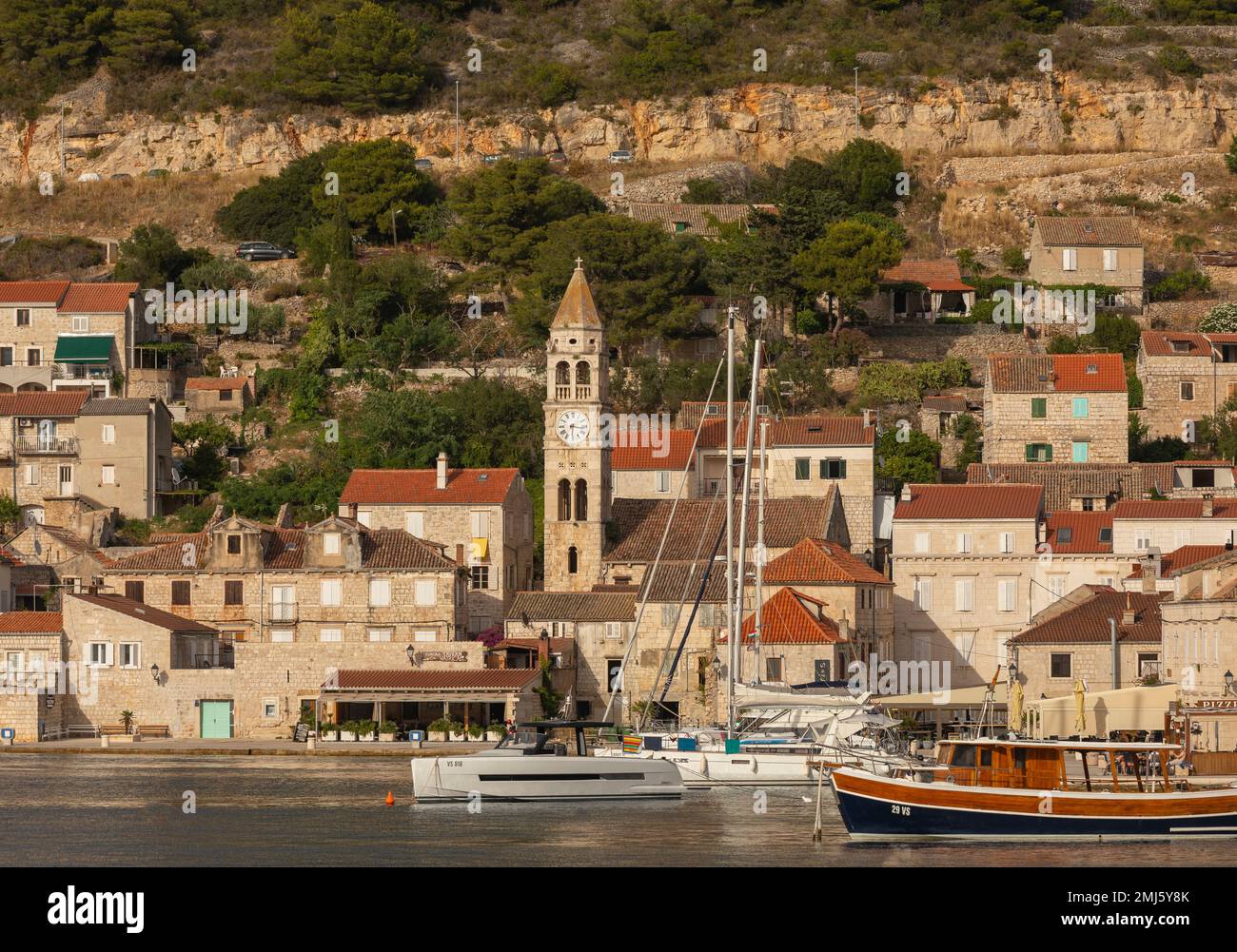 KUT, VIS, CROATIA, EUROPE - Bell tower, center, Church of St. Cyprian ...