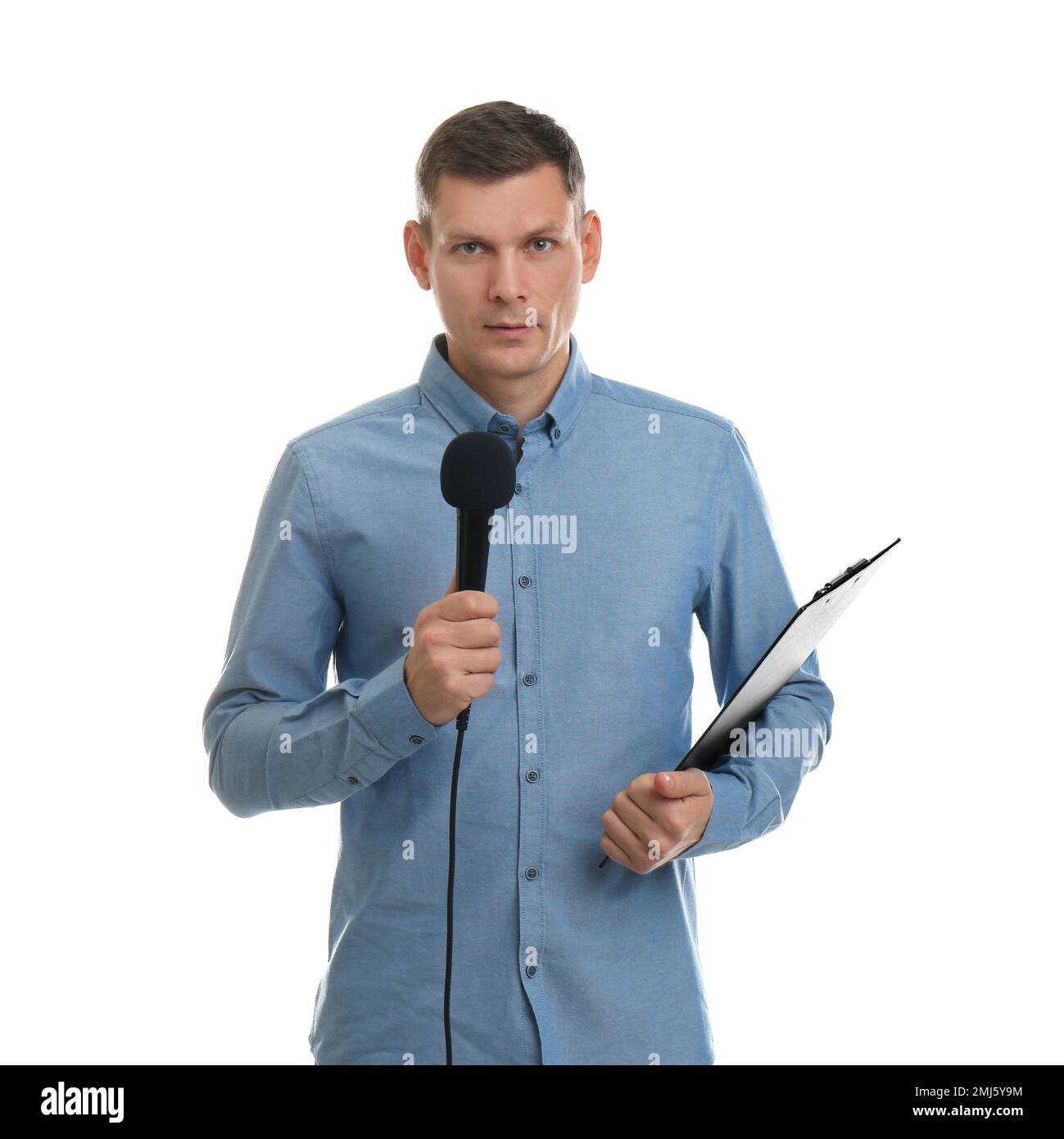 Male journalist with microphone and clipboard on white background Stock ...
