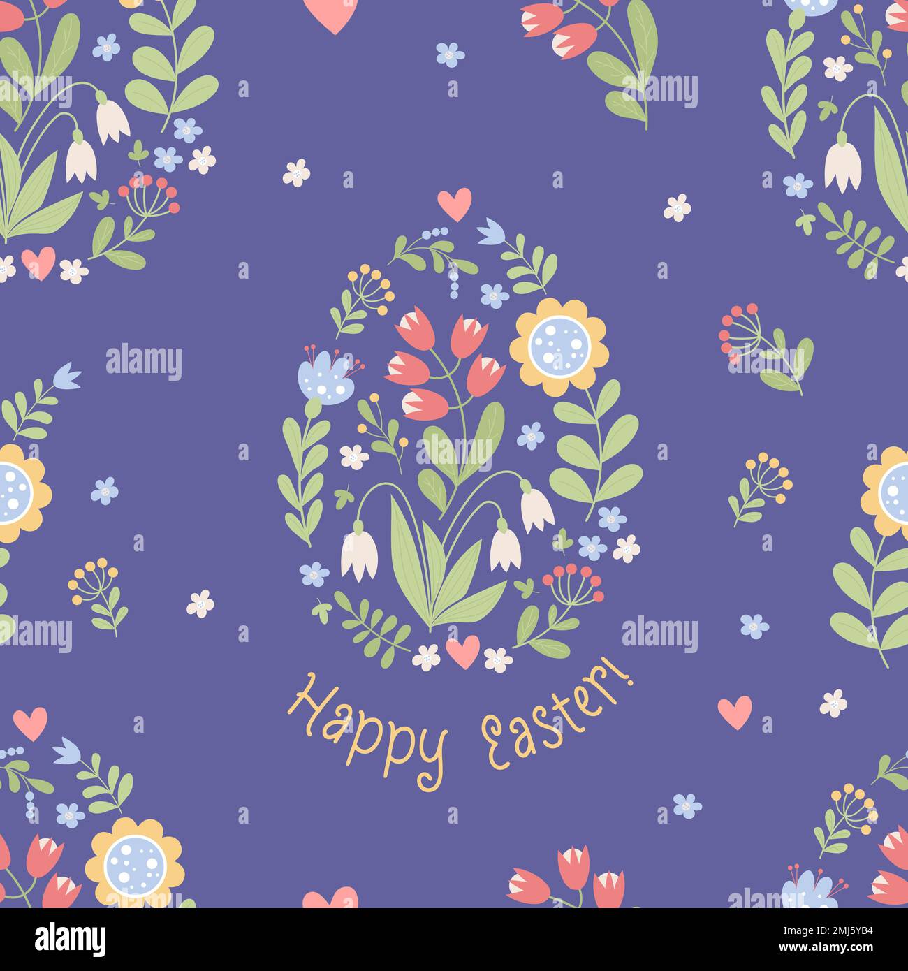 Easter seamless pattern. Flowers and flowering Easter egg on blue ...