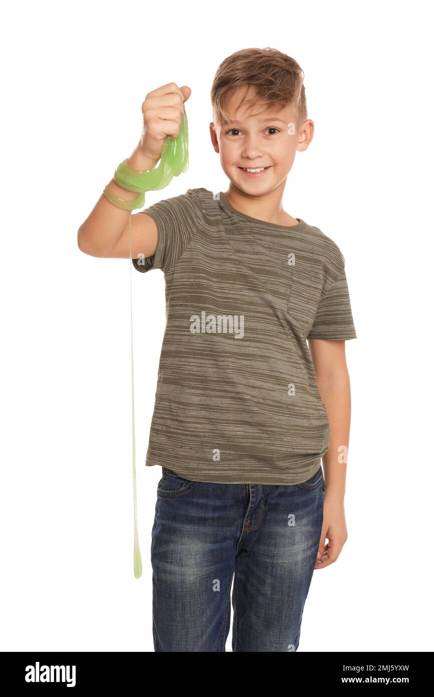 Preteen boy with slime on white background Stock Photo - Alamy