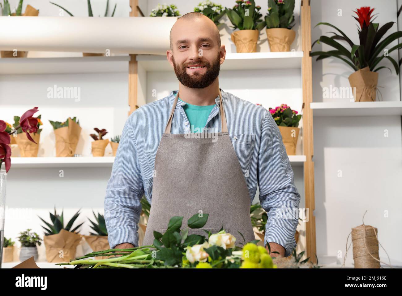 Professional male florist in apron at workplace Stock Photo - Alamy