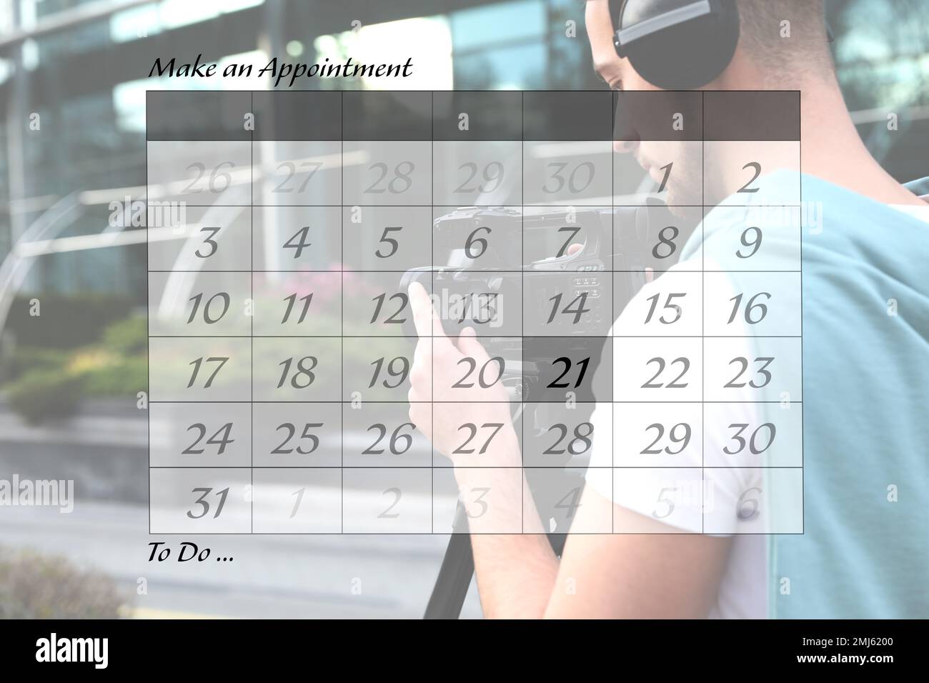 Double exposure of calendar and video operator with camera working ...