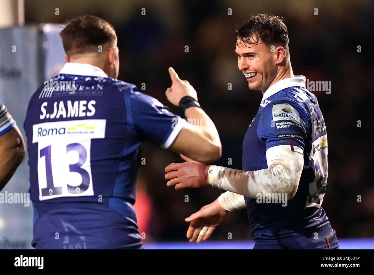 Sale Sharks's Tom Roebuck (right) celebrates scoring his side's third ...