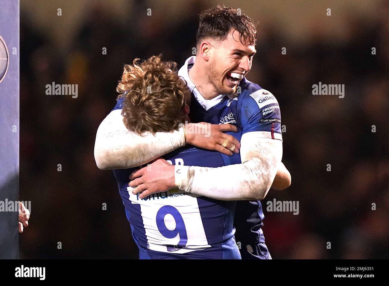 Sale Sharks's Tom Roebuck (right) celebrates scoring his side's third ...