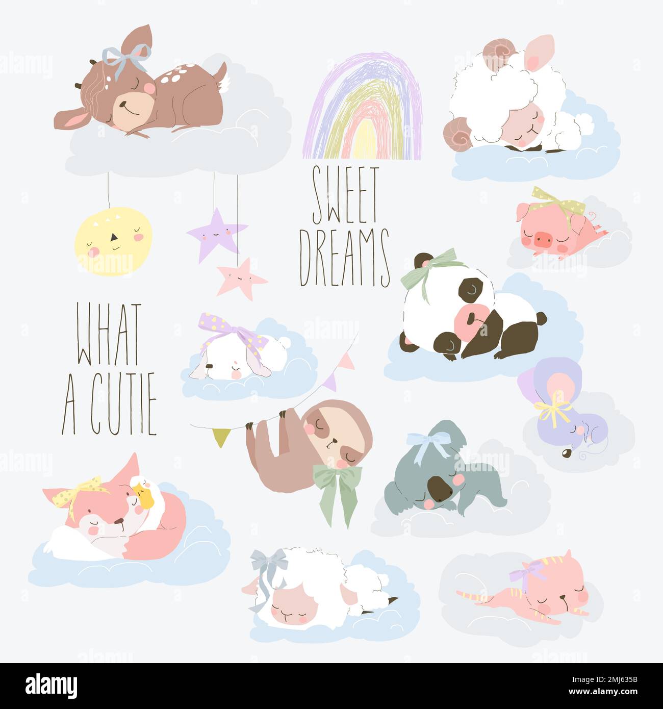 Cute Cartoon Set with Cute Animals sleeping on Clouds Stock Vector ...